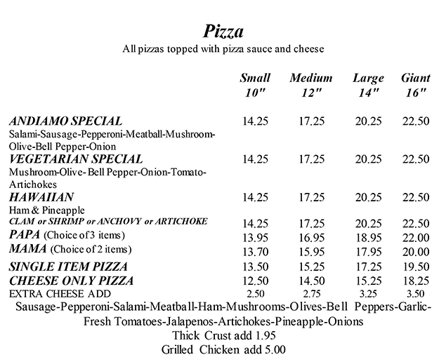 Andiamo Ristorante Italiano Dinner Menu | Clovis, CA