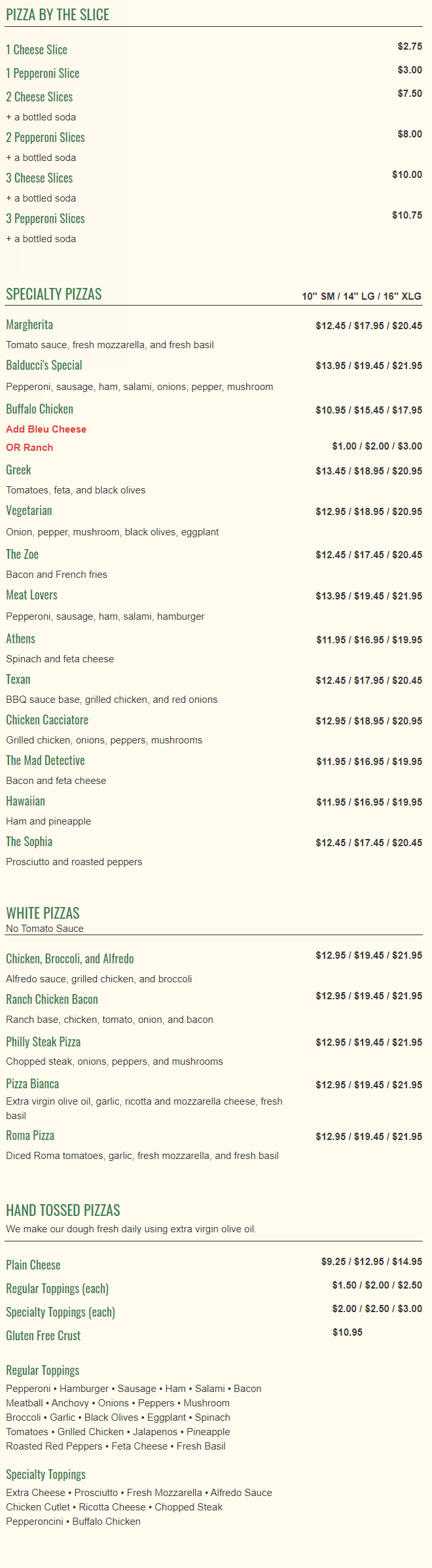 Balducci's House of Pizza Pizza Menu | North Quincy, MA