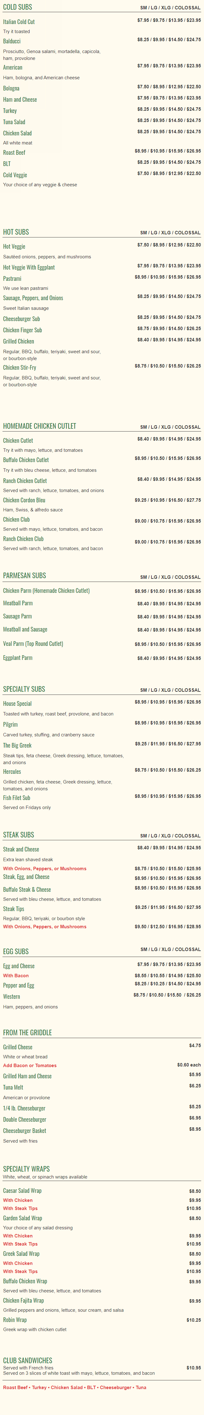 Balducci's House of Pizza Sandwich Menu North Quincy MA