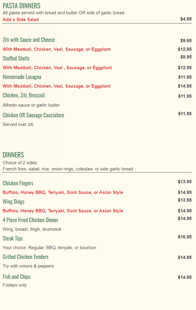 Balducci's House of Pizza Dinner Menu | North Quincy MA