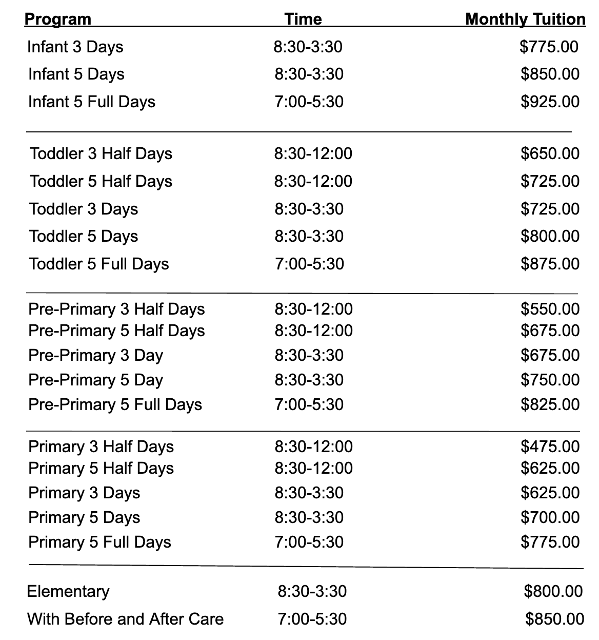 Fees, Tuition, & Schedule Options