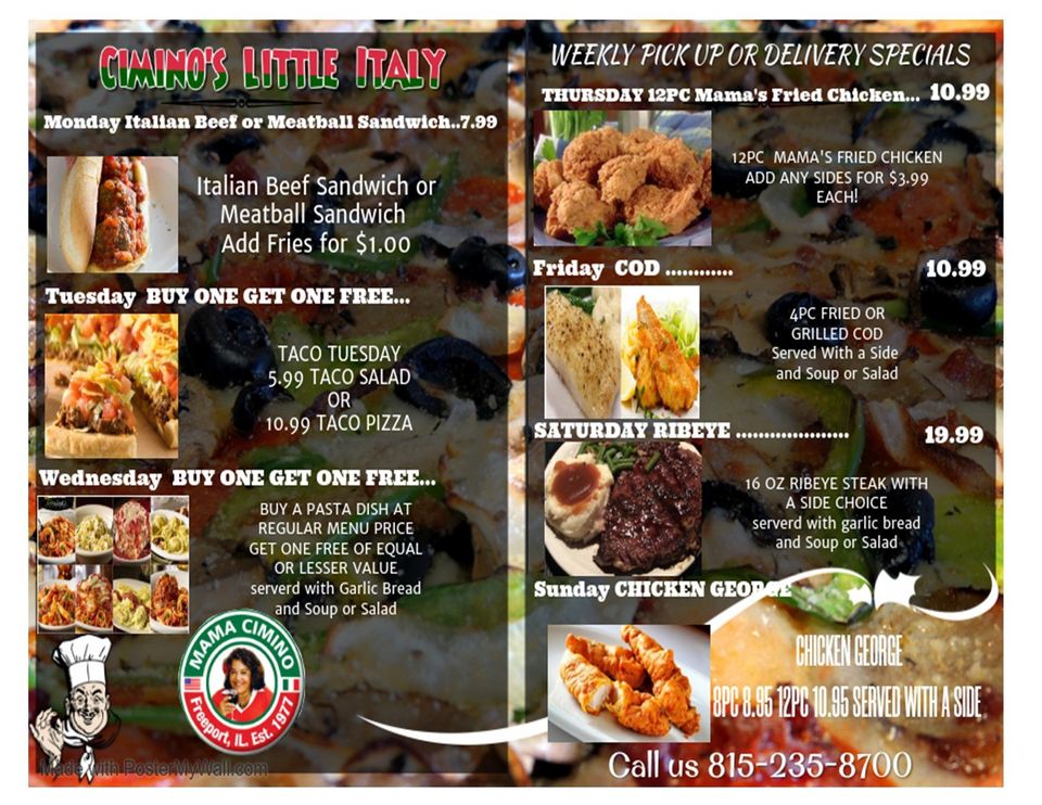 Cimino's Little Italy Lunch Menu | Freeport, IL