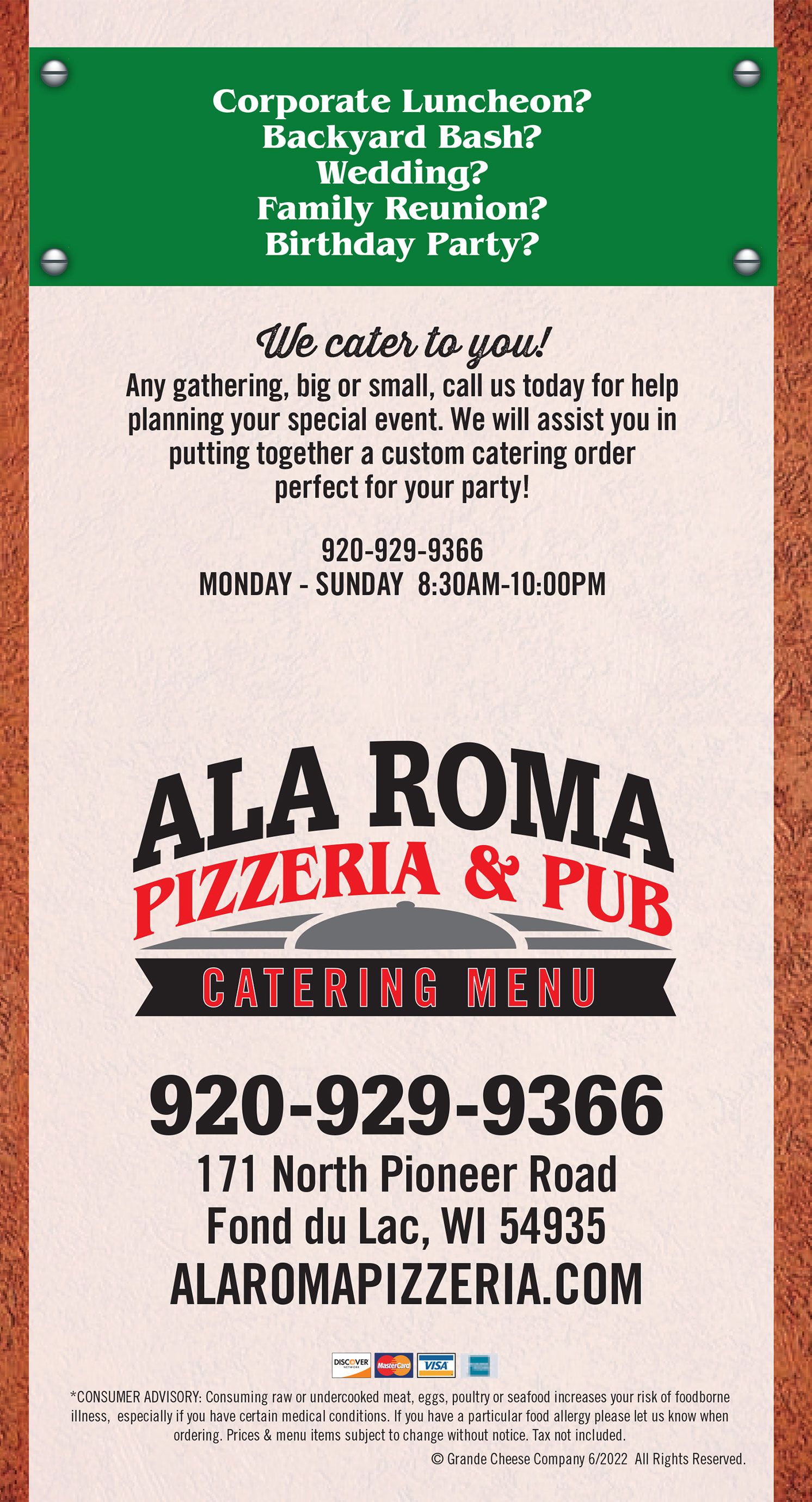 Ala Roma Pizzeria & Pub Catering Menu | Fond Du Lac, WI