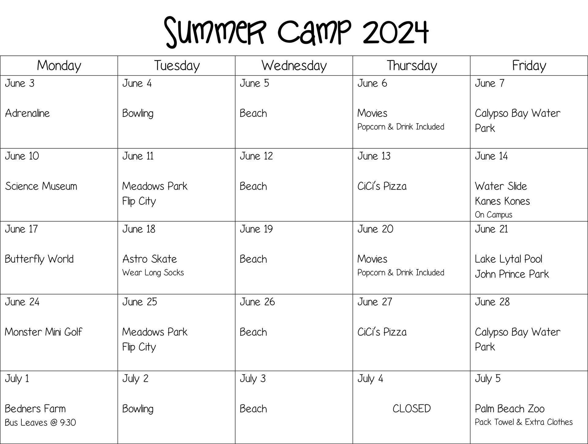 Summer Camp Schedule | Northern Private School