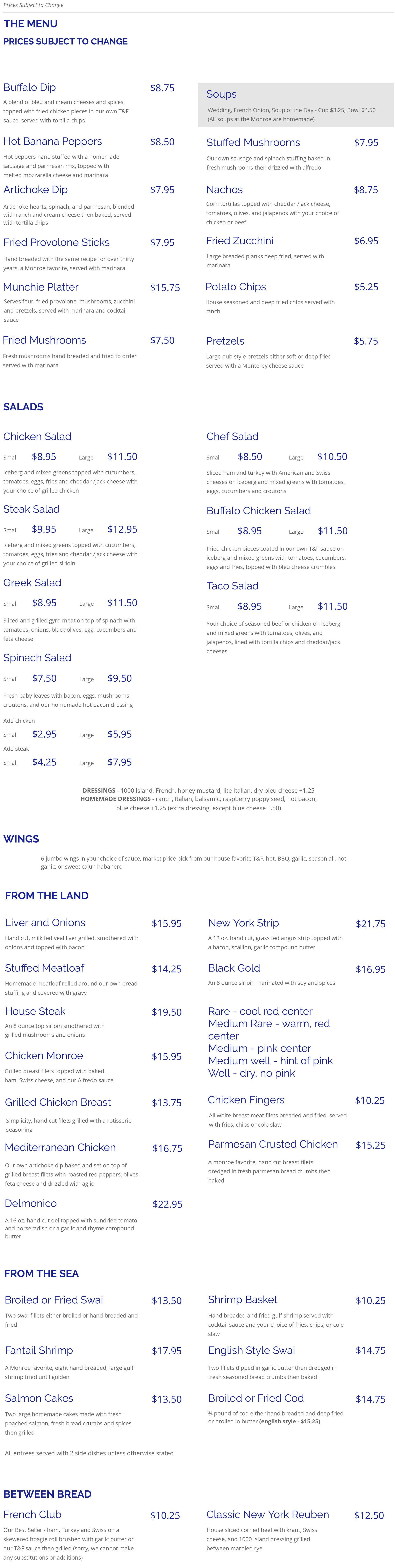 Menu | Monroe Hotel | Butler, PA