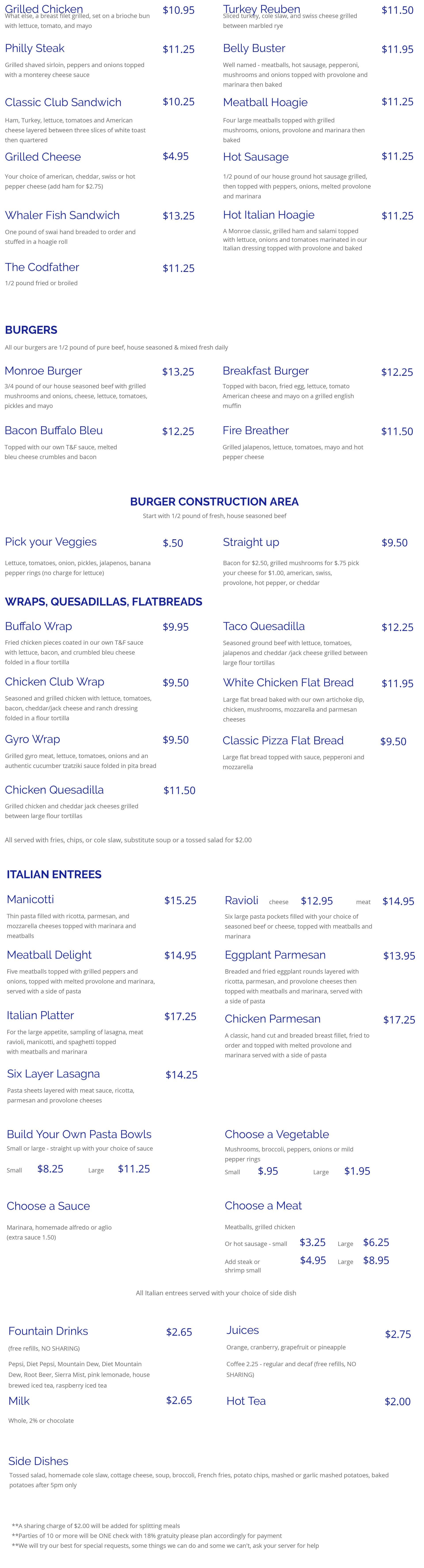 Menu | Monroe Hotel | Butler, PA