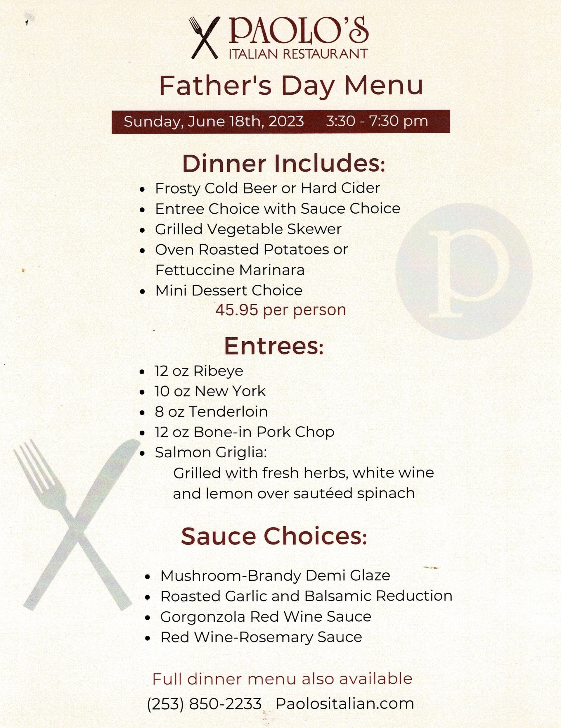 Paolo's Italian Restaurant Dinner Menu | Kent, WA