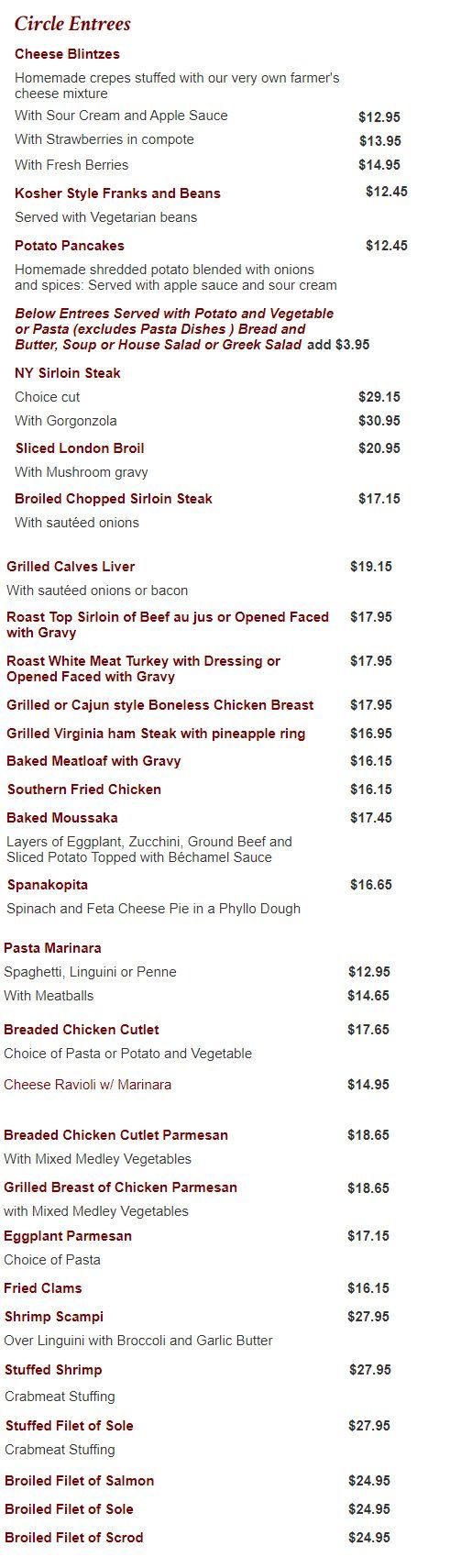 Circle Diner Dinner Menu | Fairfield, CT
