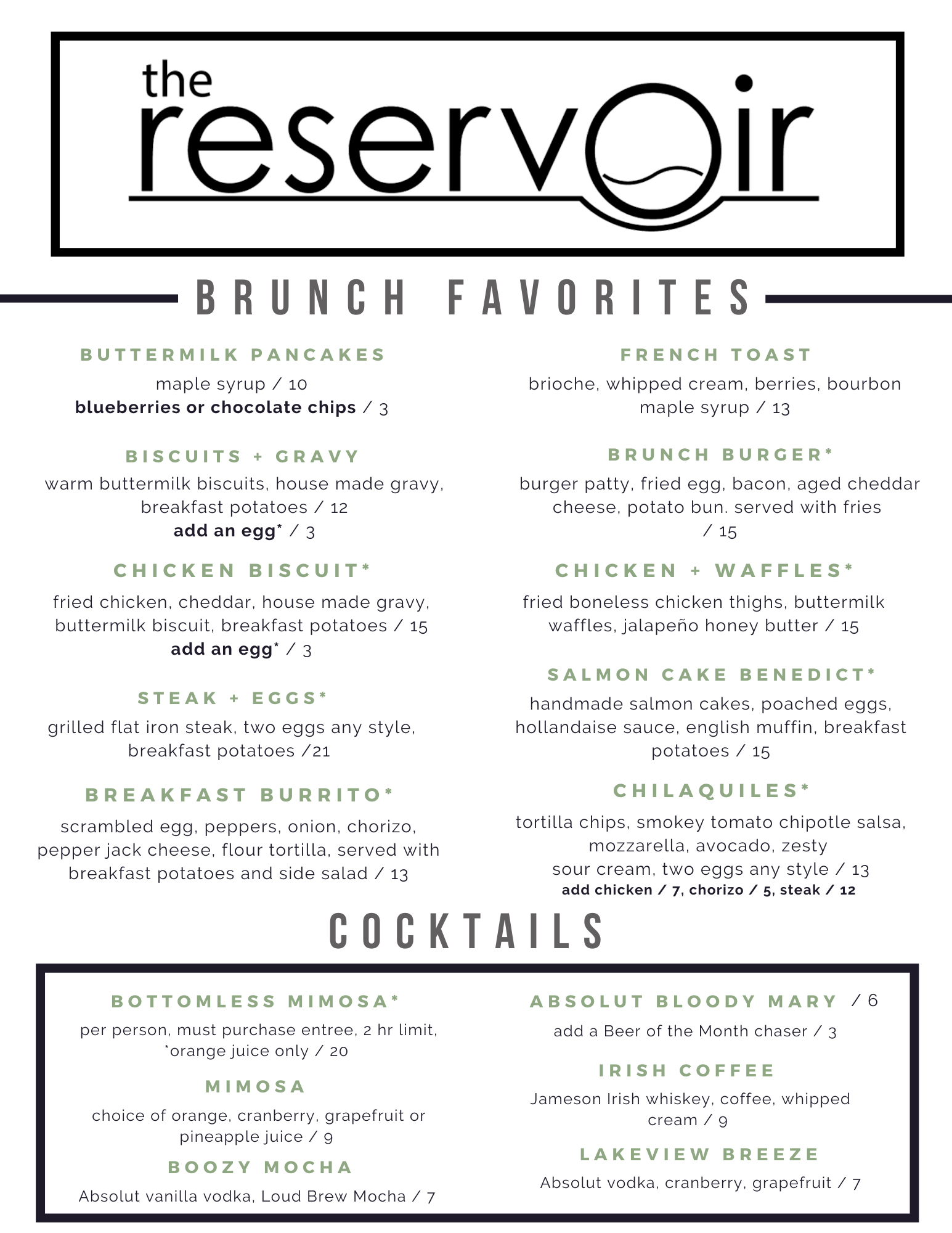 The Reservoir Brunch Menu | Uptown | Chicago, IL