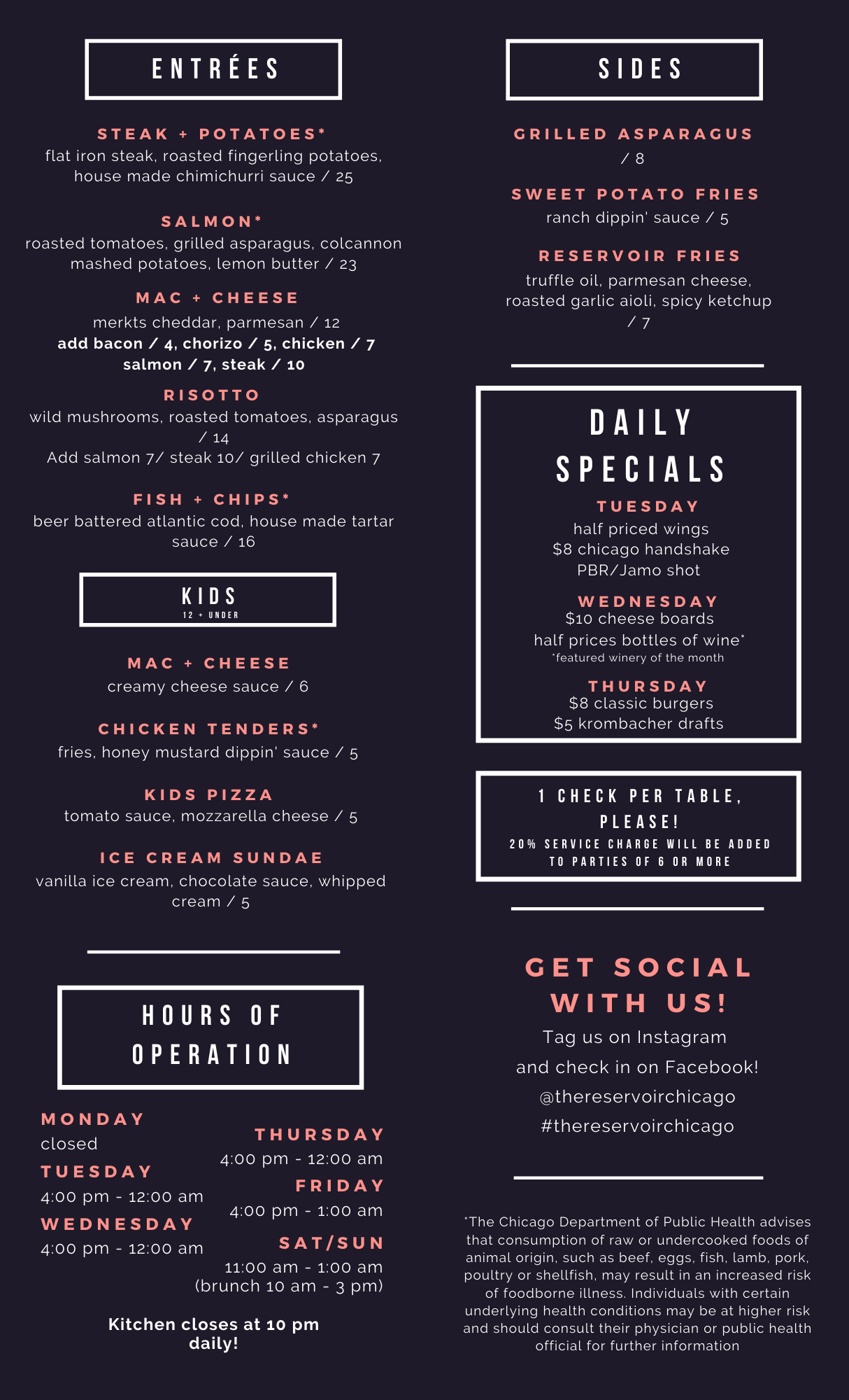 The Reservoir Menu | Uptown | Chicago, IL