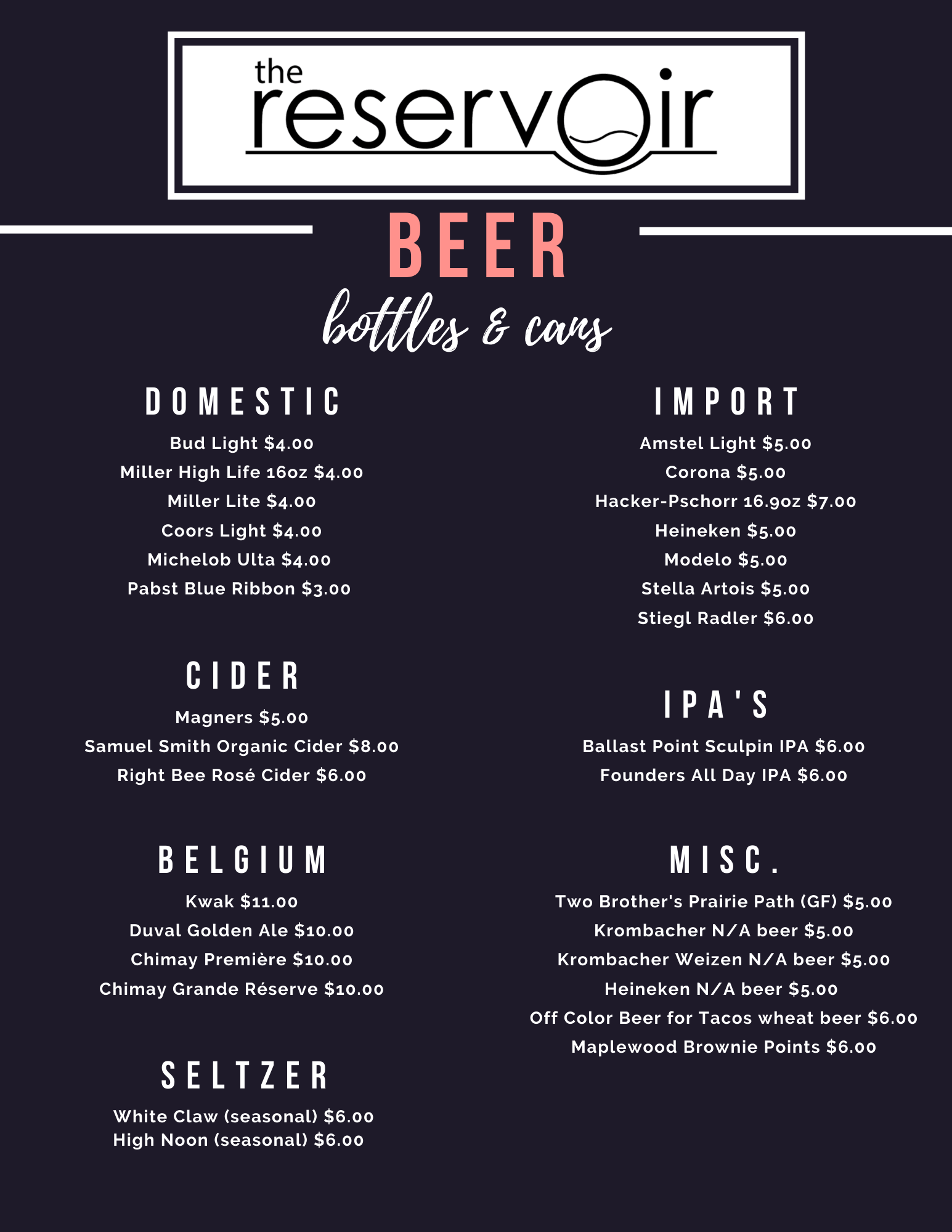 The Reservoir Drinks Menu | Uptown | Chicago, IL
