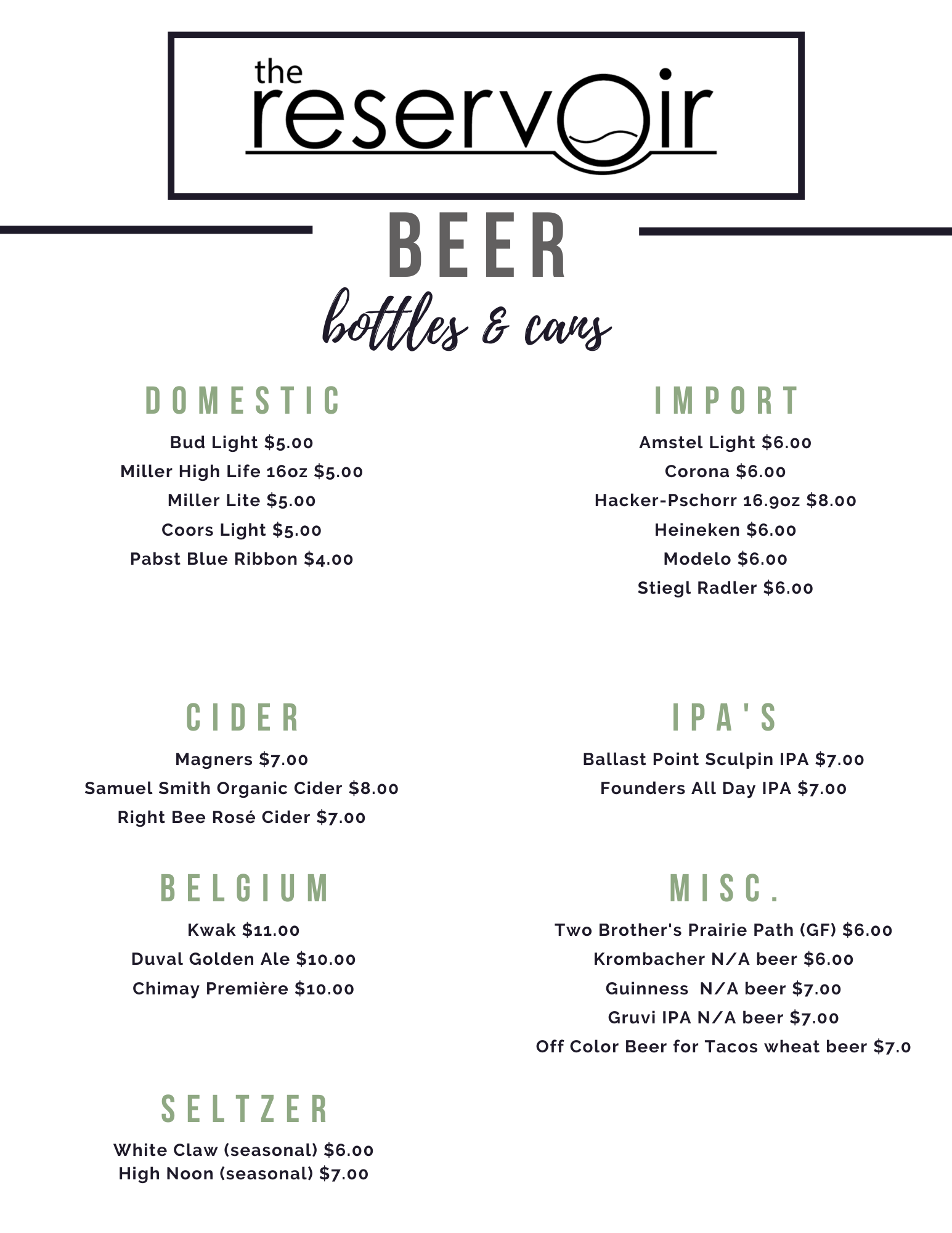 The Reservoir Drinks Menu | Uptown | Chicago, IL