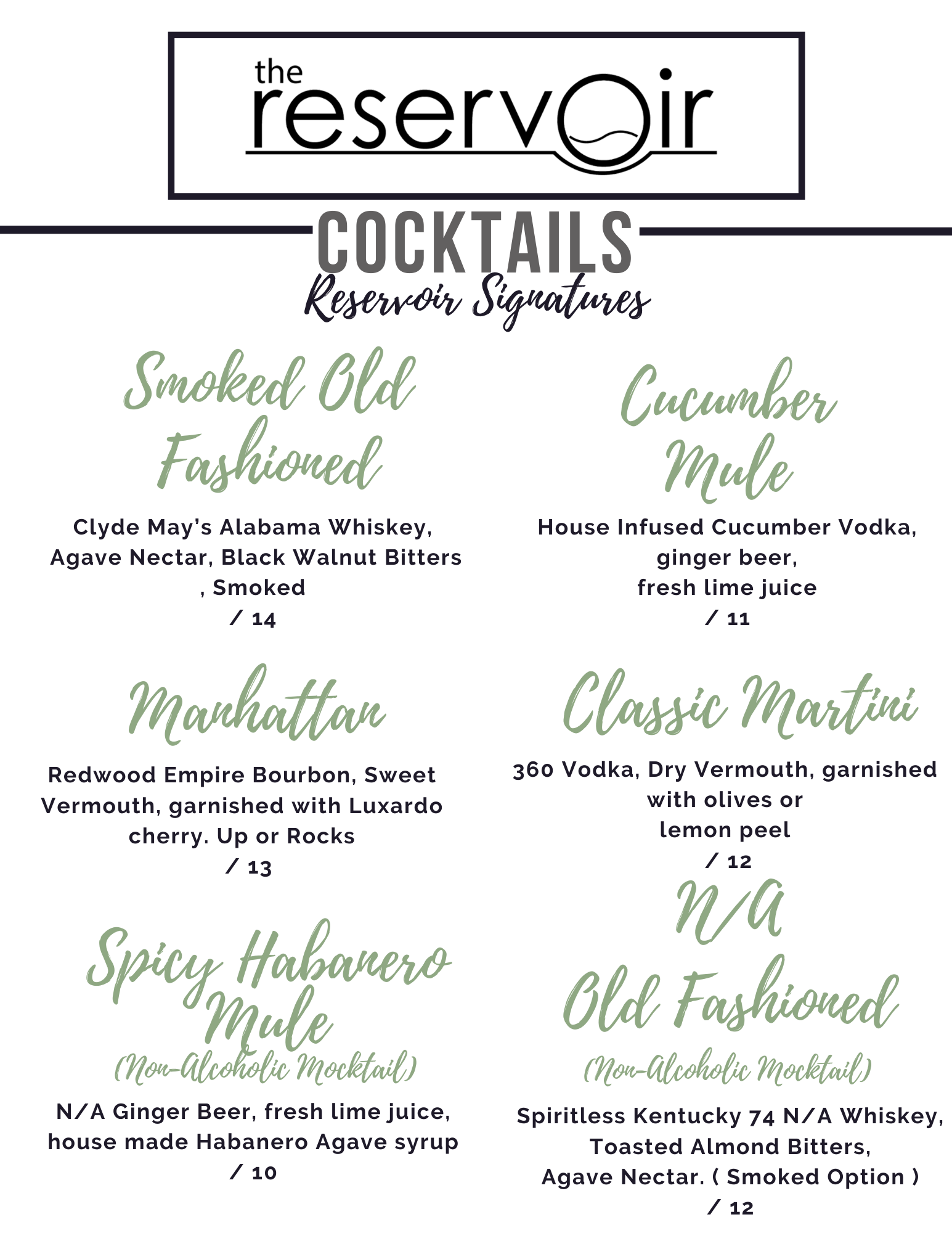 The Reservoir Drinks Menu | Uptown | Chicago, IL