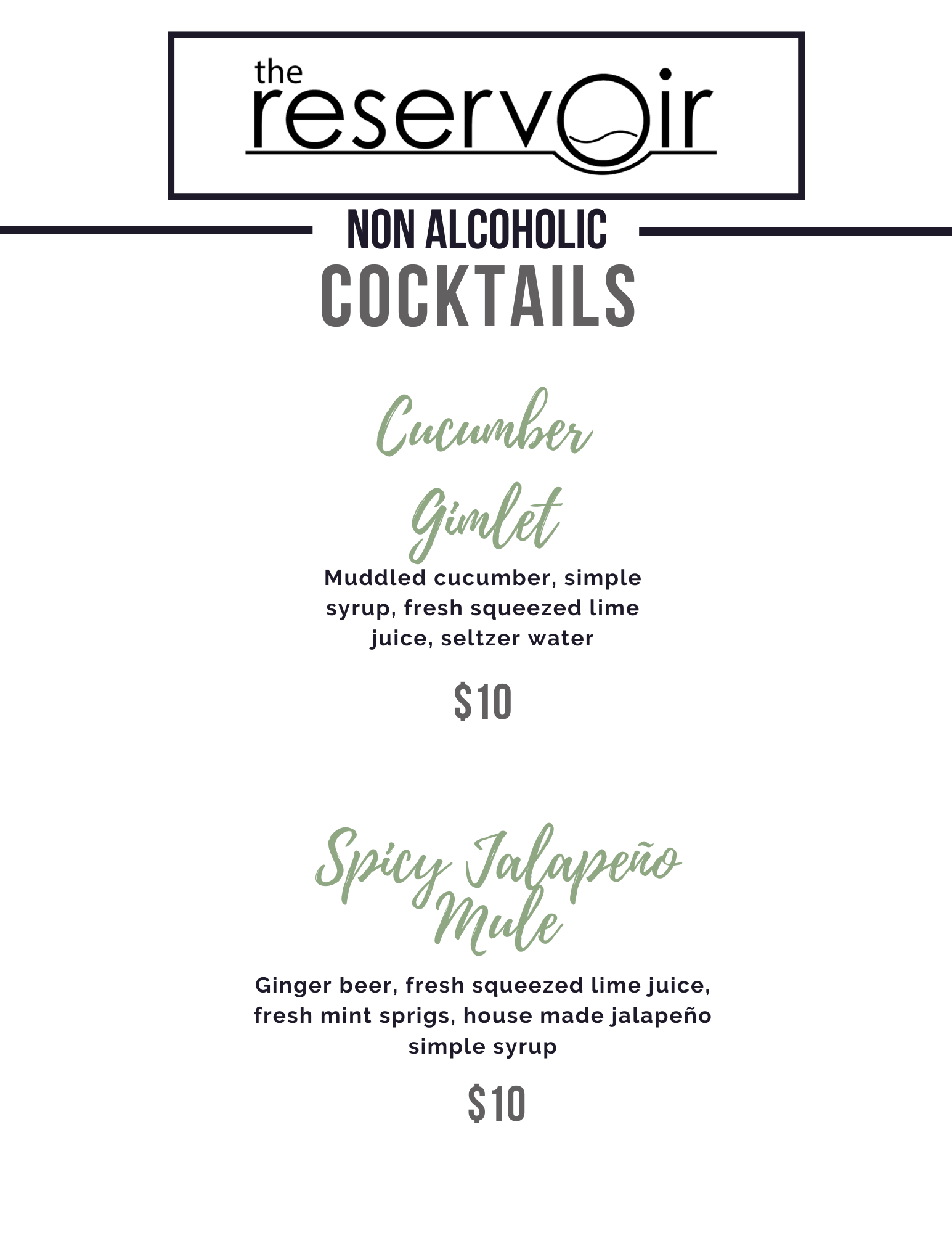 The Reservoir Drinks Menu | Uptown | Chicago, IL