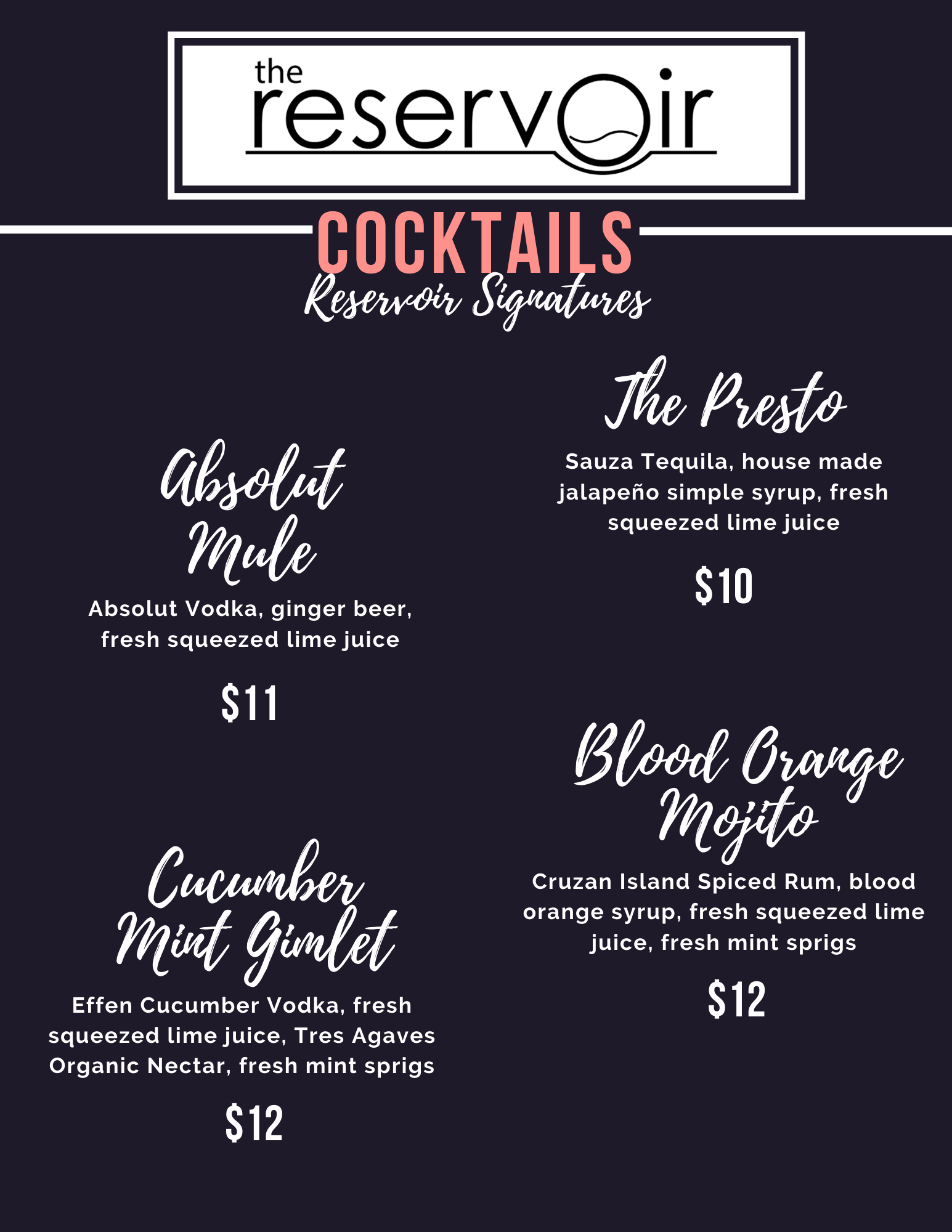 The Reservoir Drinks Menu | Uptown | Chicago, IL