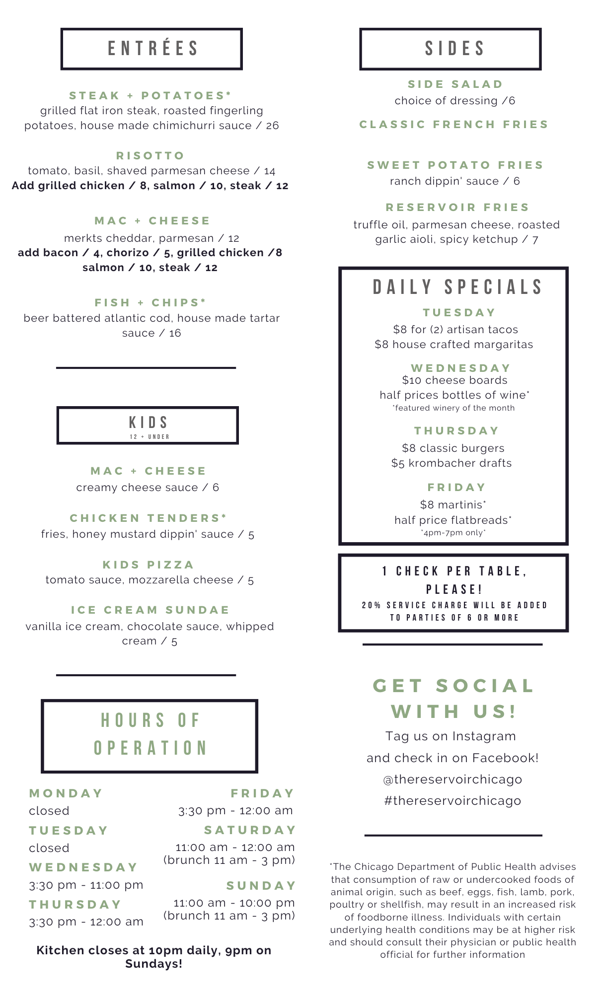 The Reservoir Menu | Uptown | Chicago, IL