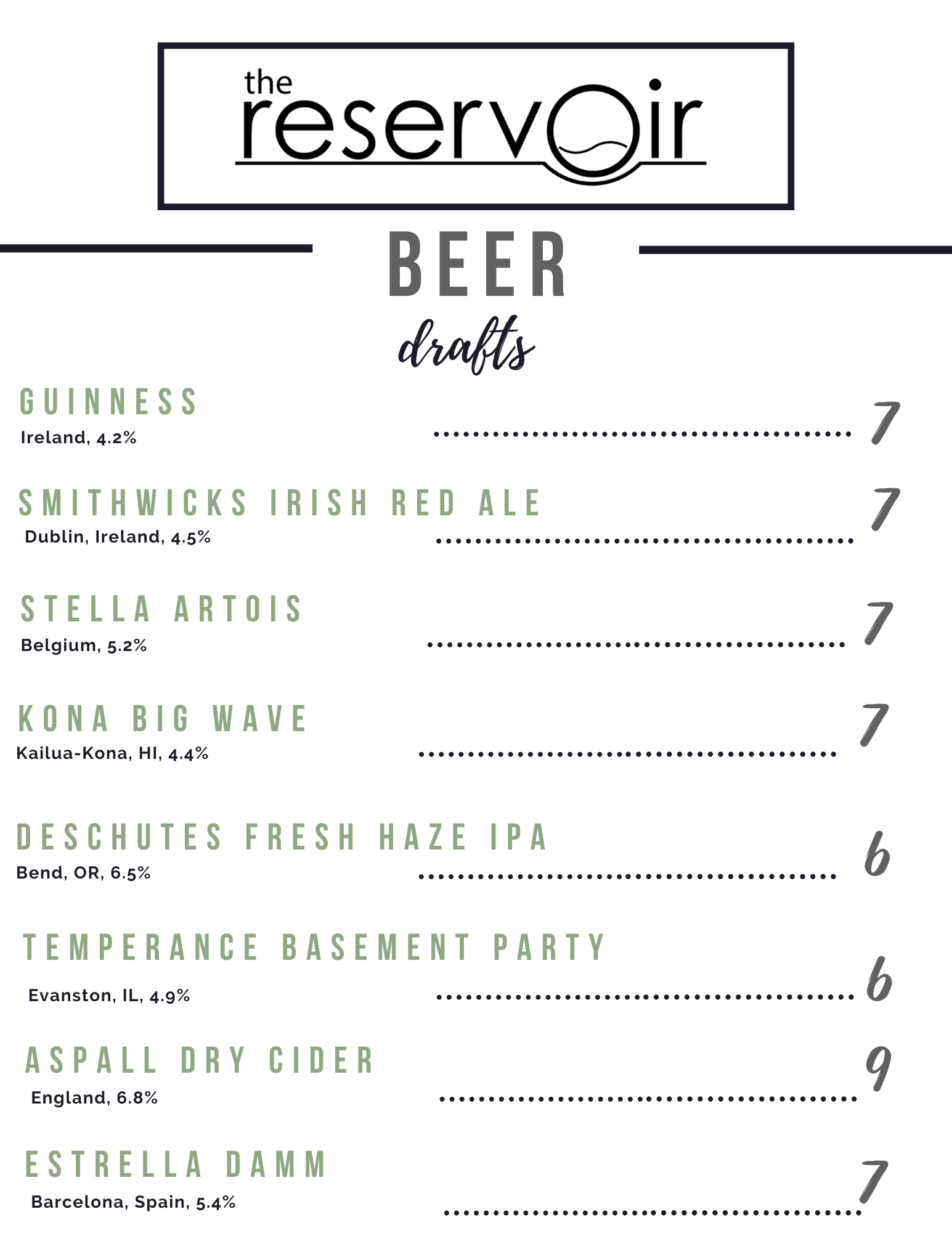 The Reservoir Drinks Menu | Uptown | Chicago, IL
