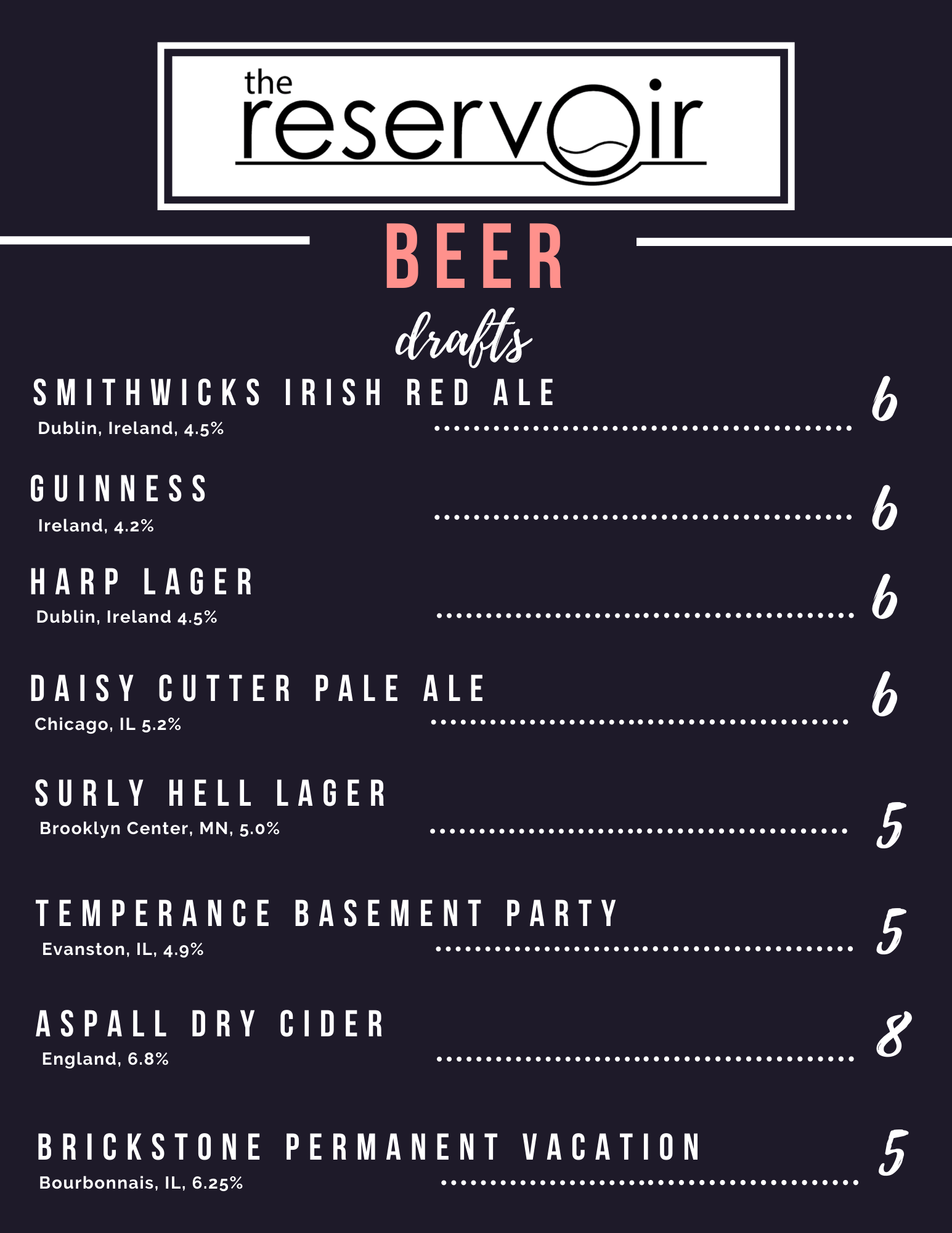 The Reservoir Drinks Menu | Uptown | Chicago, IL