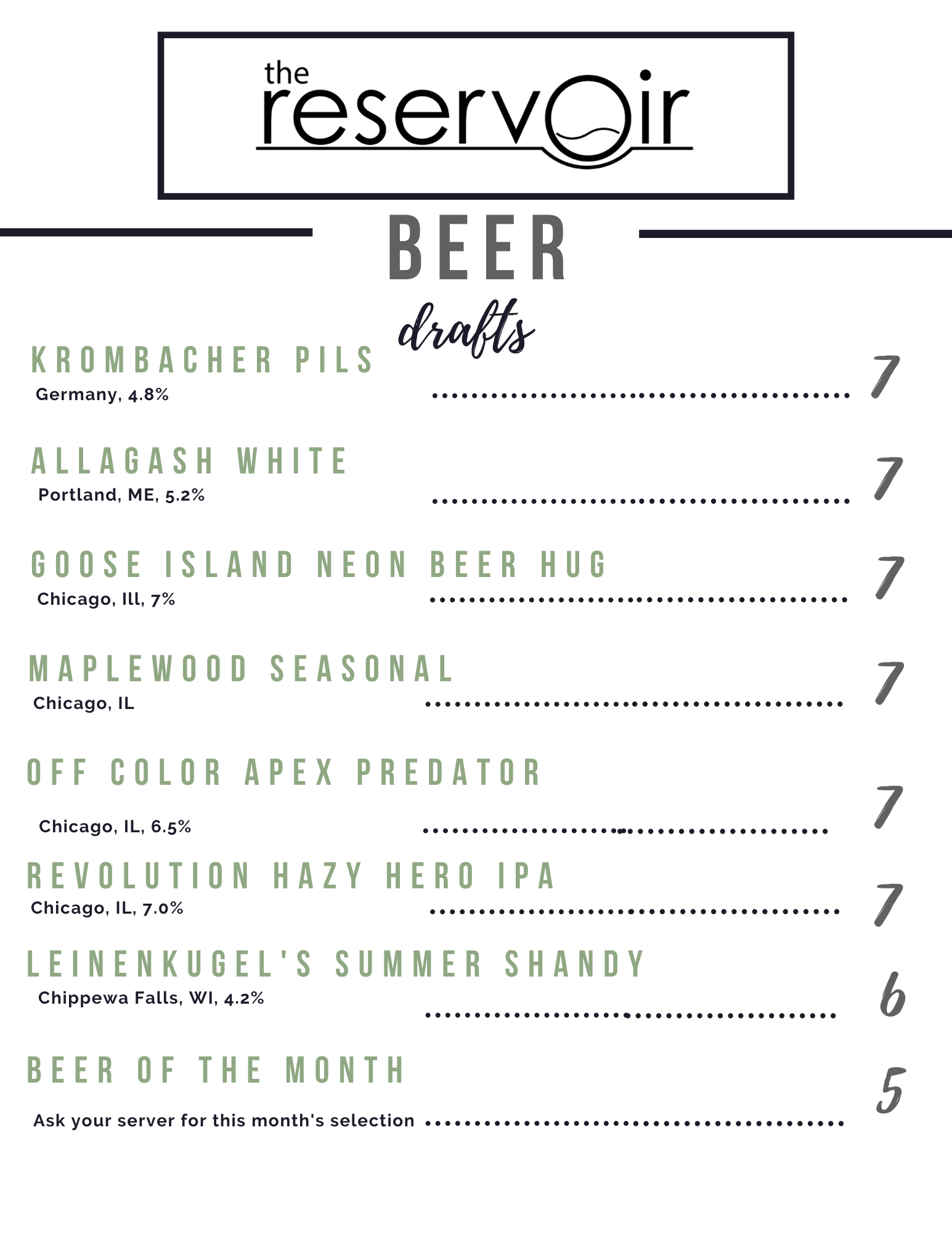 The Reservoir Drinks Menu | Uptown | Chicago, IL