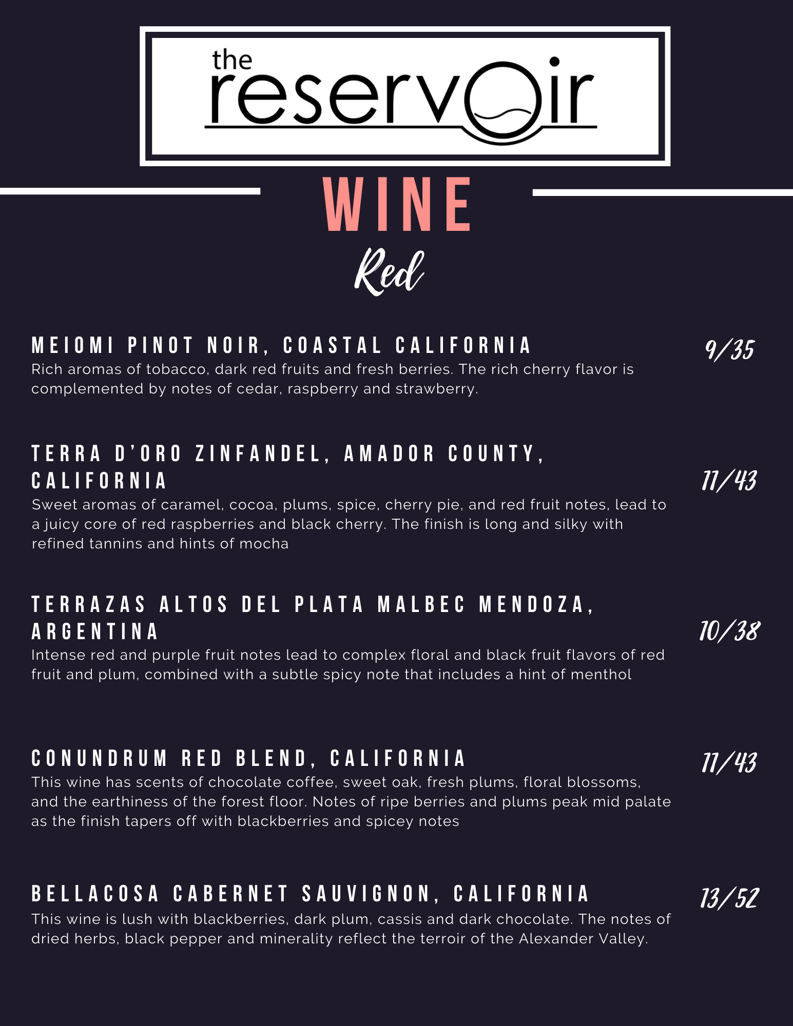 The Reservoir Drinks Menu | Uptown | Chicago, IL