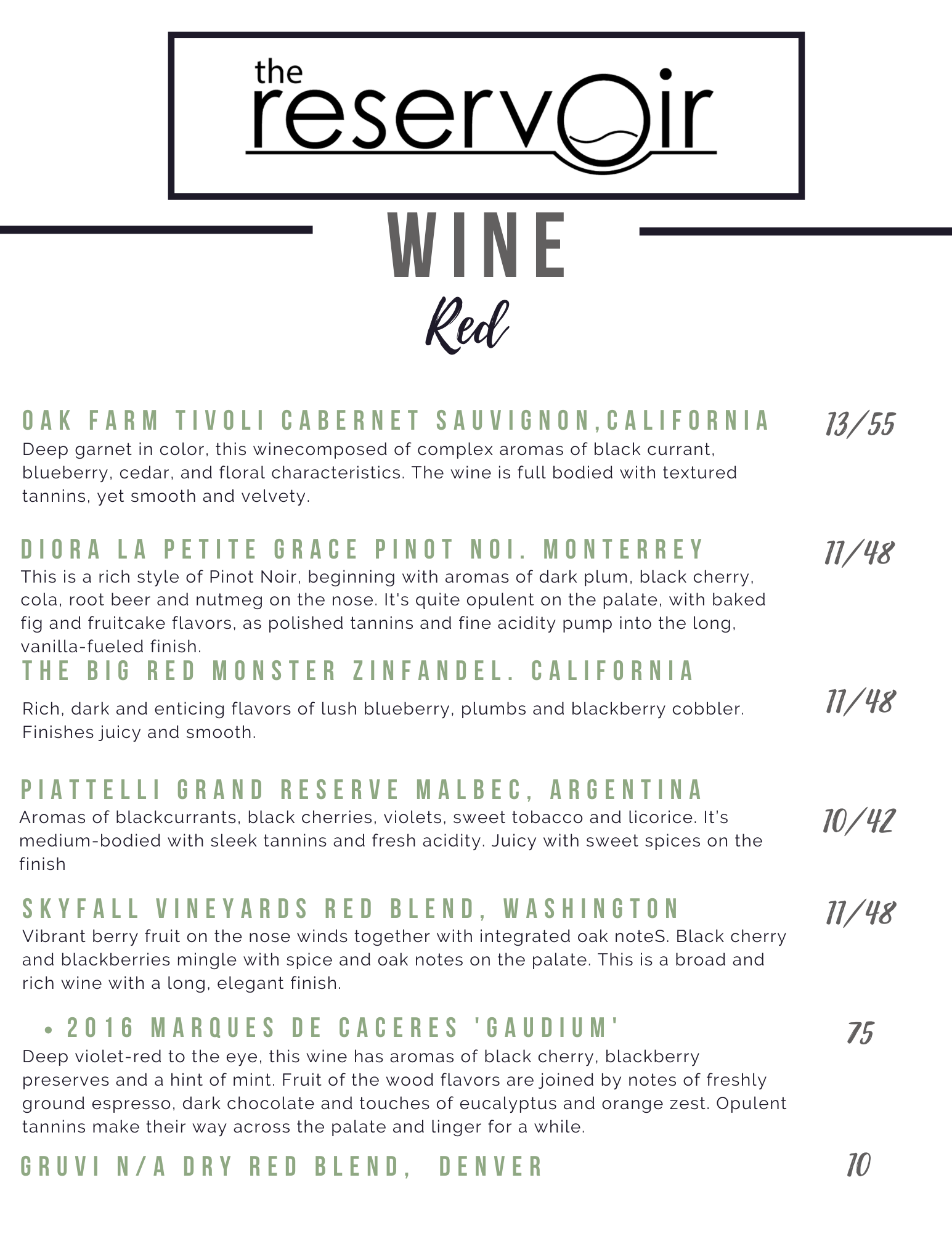 The Reservoir Drinks Menu | Uptown | Chicago, IL