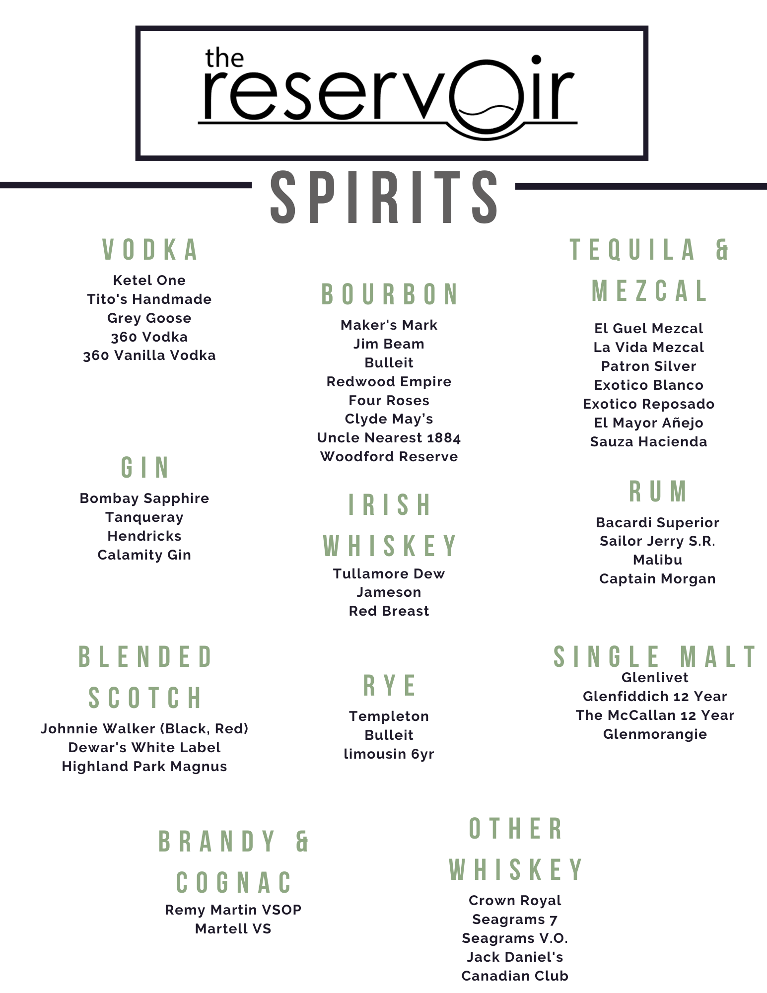 The Reservoir Drinks Menu | Uptown | Chicago, IL