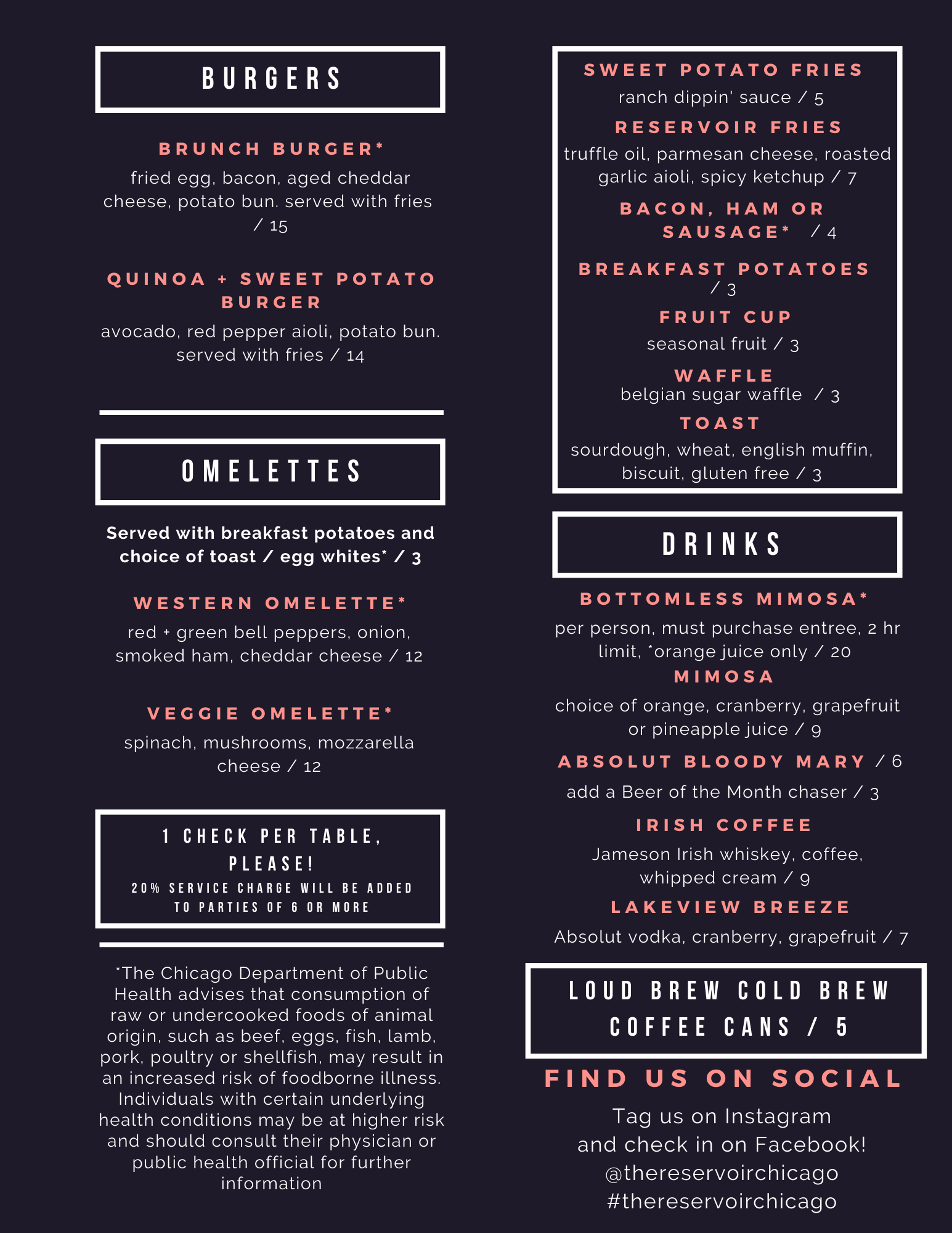 The Reservoir Brunch Menu | Uptown | Chicago, IL