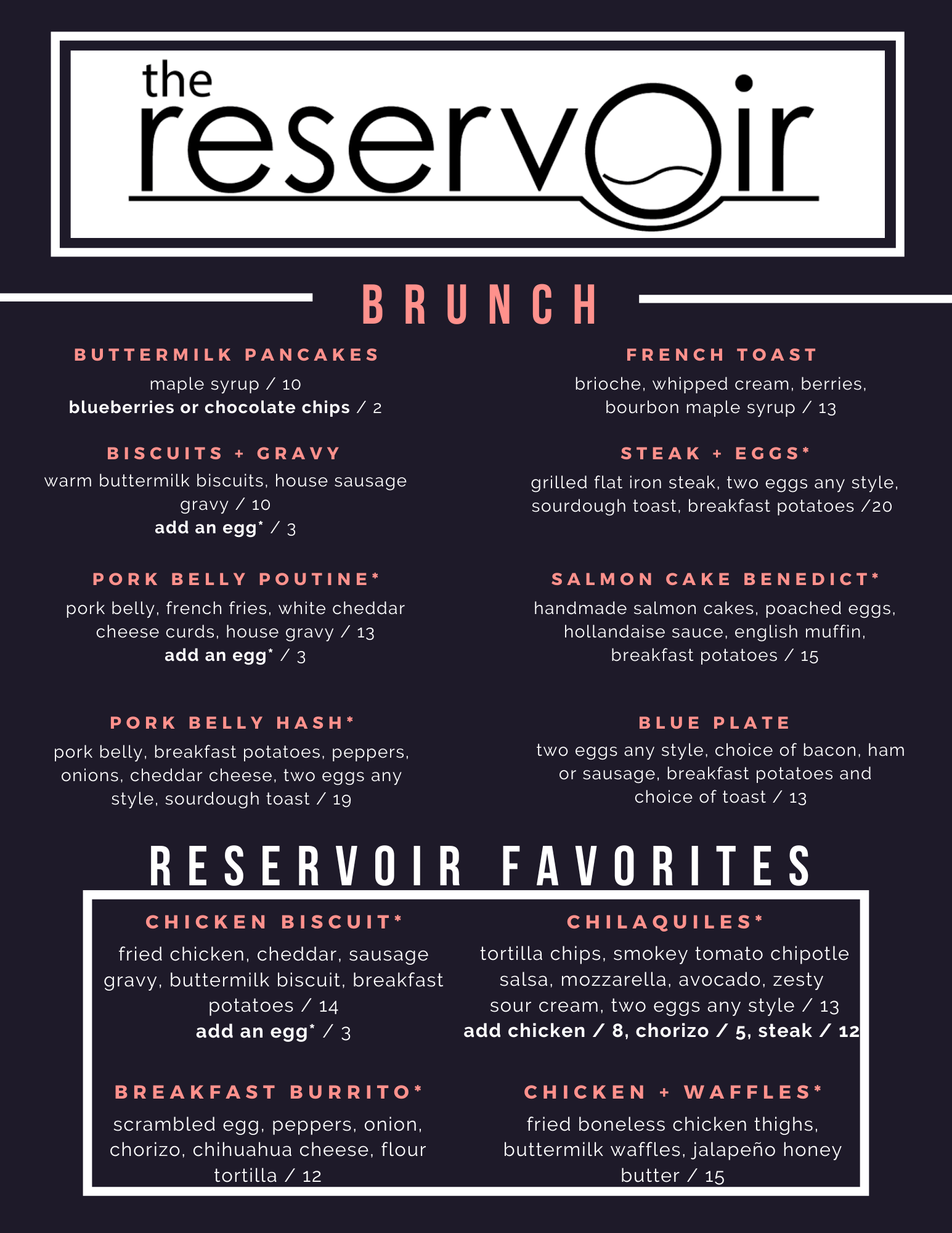 The Reservoir Brunch Menu | Uptown | Chicago, IL