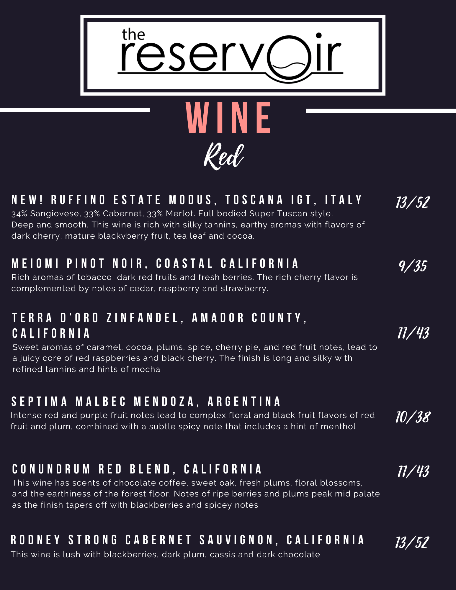 The Reservoir Drinks Menu | Uptown | Chicago, IL