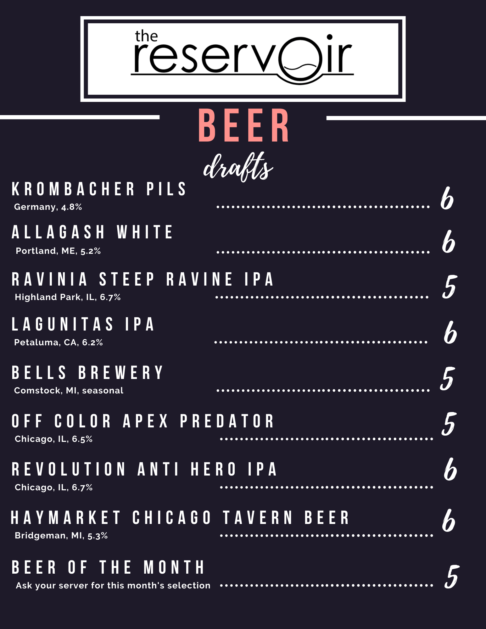 The Reservoir Drinks Menu | Uptown | Chicago, IL