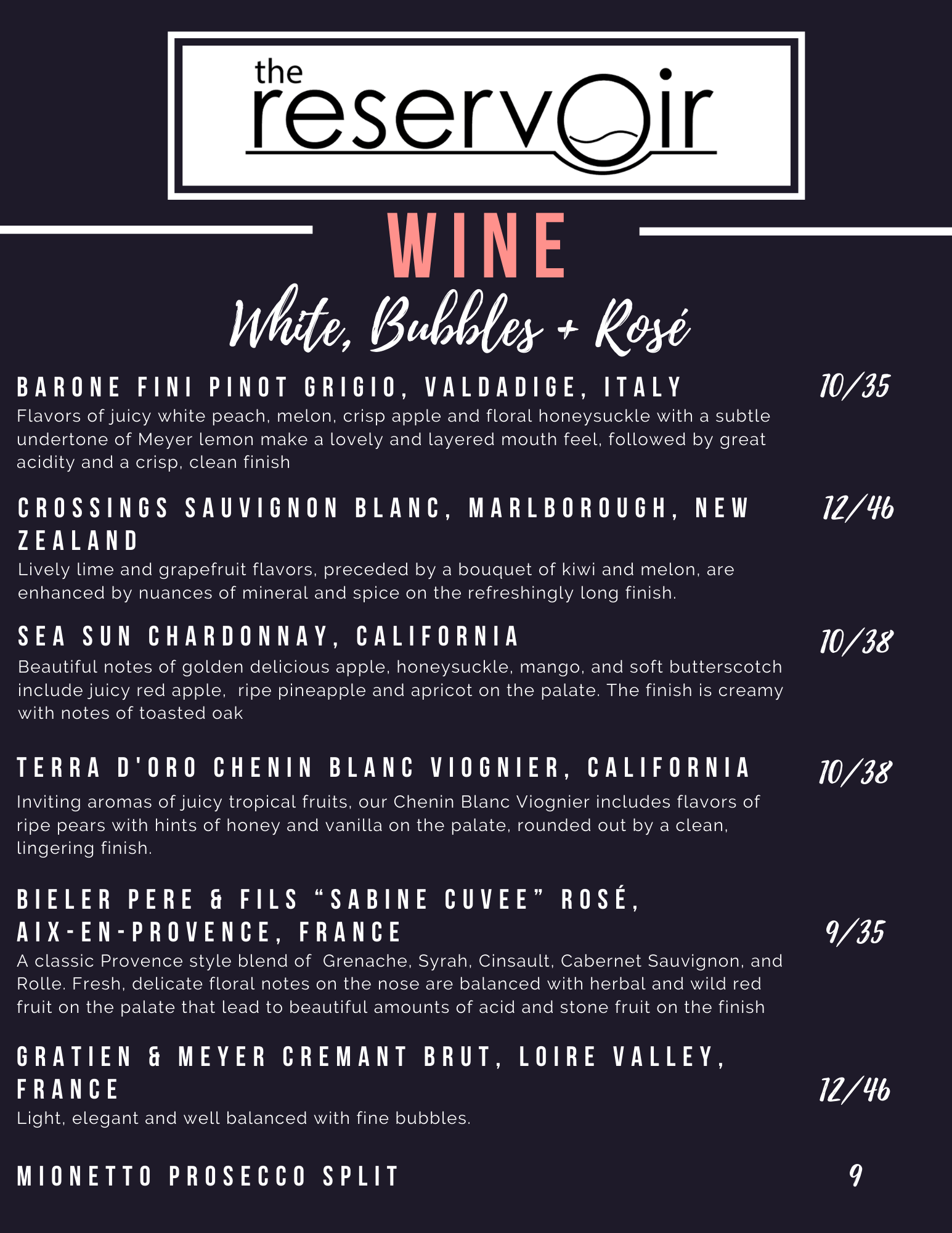 The Reservoir Drinks Menu | Uptown | Chicago, IL