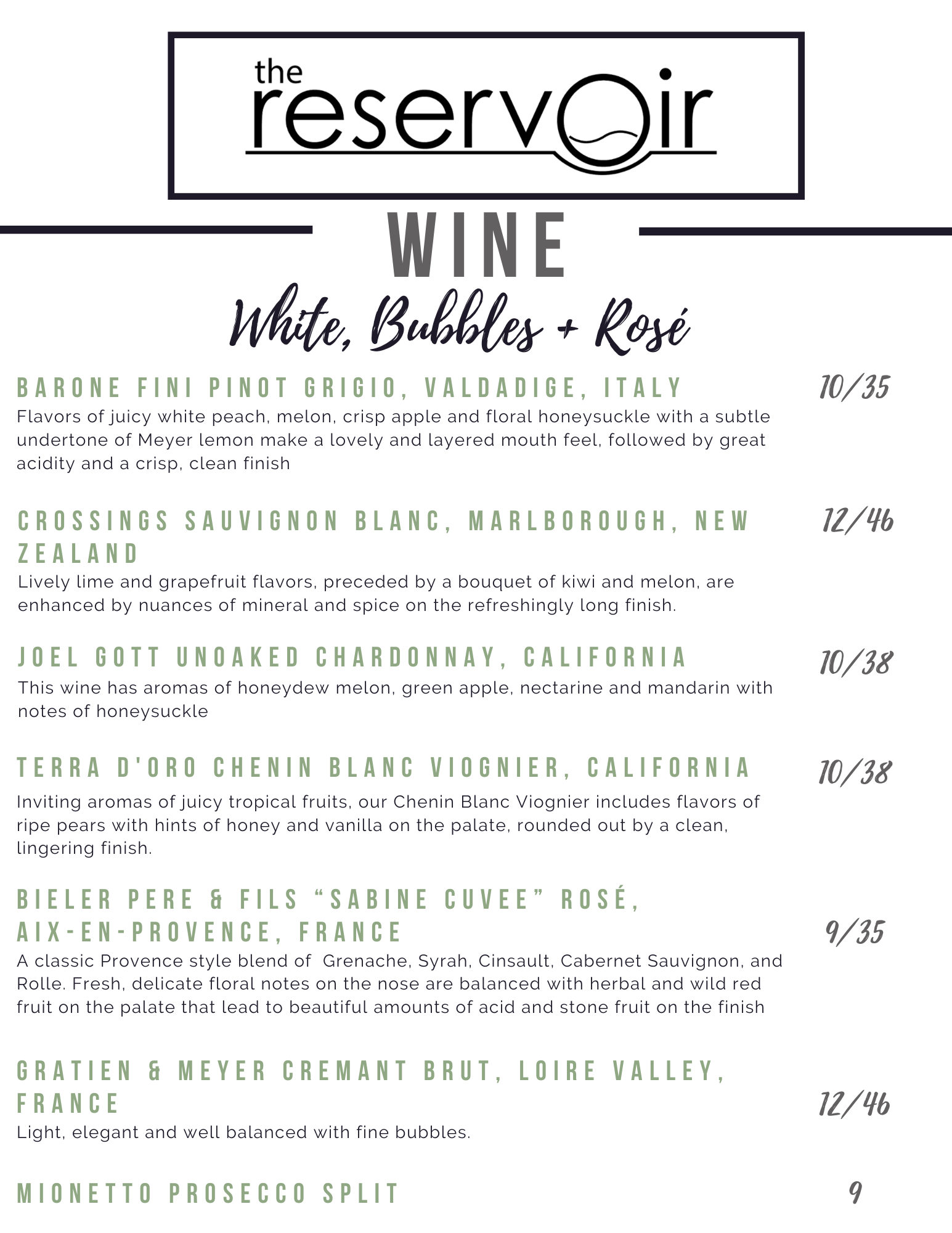 The Reservoir Drinks Menu | Uptown | Chicago, IL