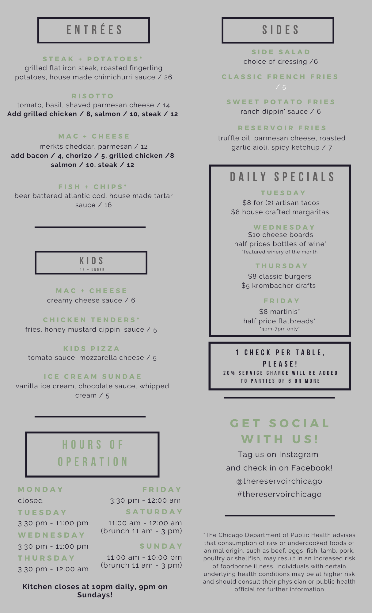 The Reservoir Menu | Uptown | Chicago, IL