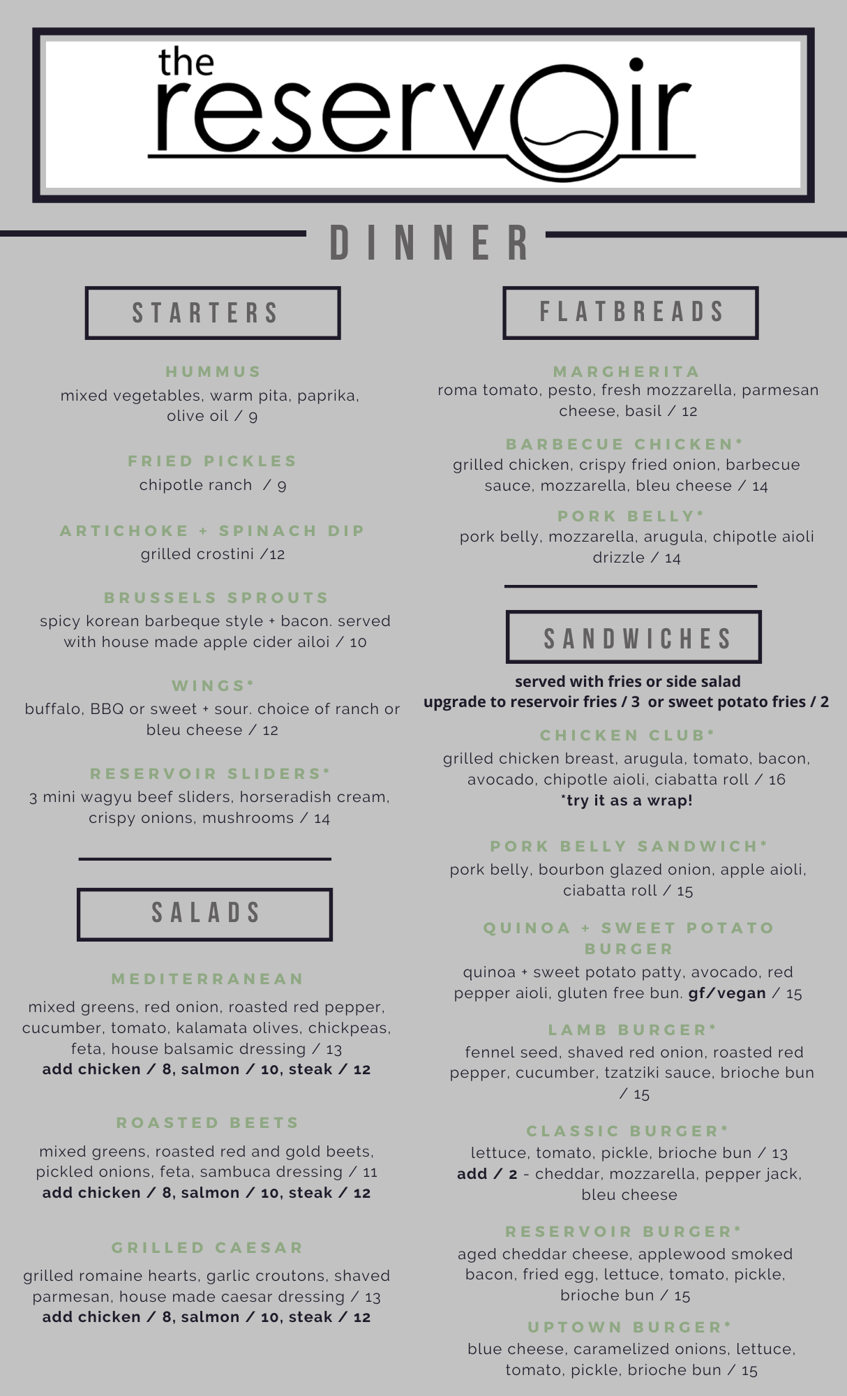 The Reservoir Menu | Uptown | Chicago, IL
