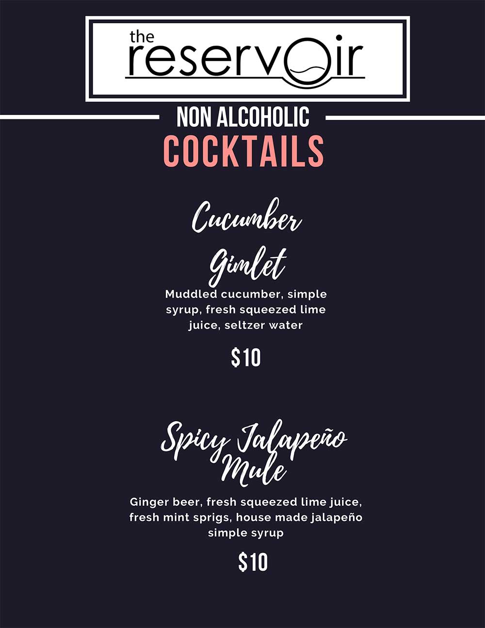 The Reservoir Drinks Menu | Uptown | Chicago, IL