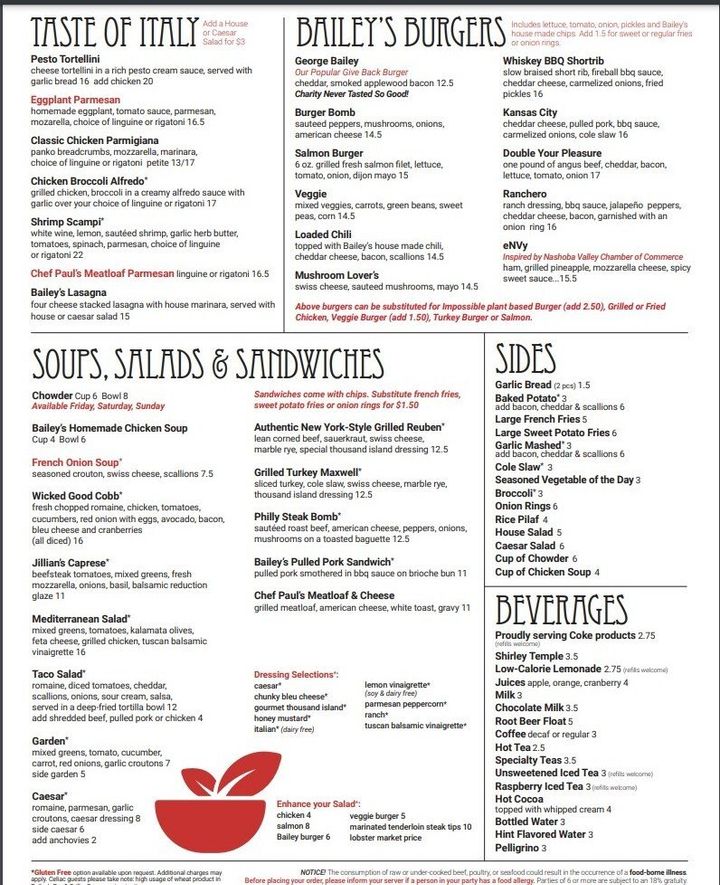 Bailey's Bar & Grille Menu | Townsend, MA