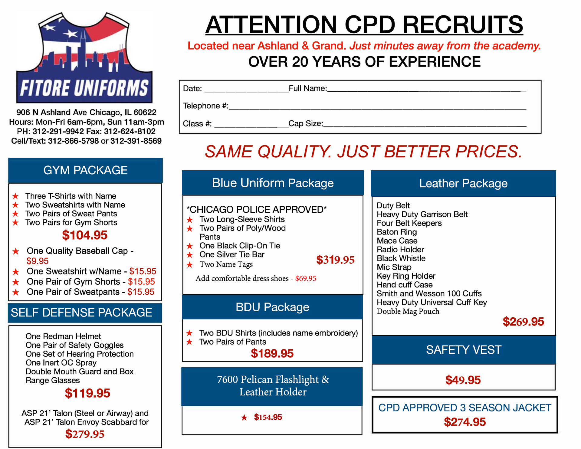 Fitore Uniforms Pricing Menu | Chicago, IL