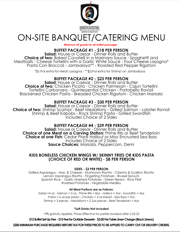 Quintessential Dining & Nightlife Catering Menu Saint Charles