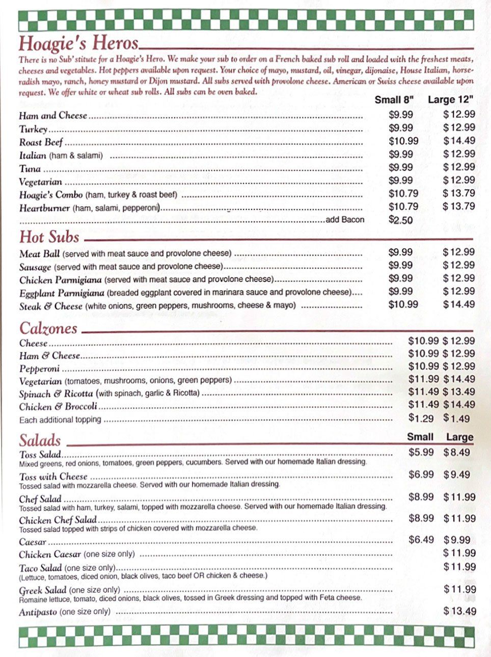 Hoagie's Pizza & Pasta Menu I Essex, VT