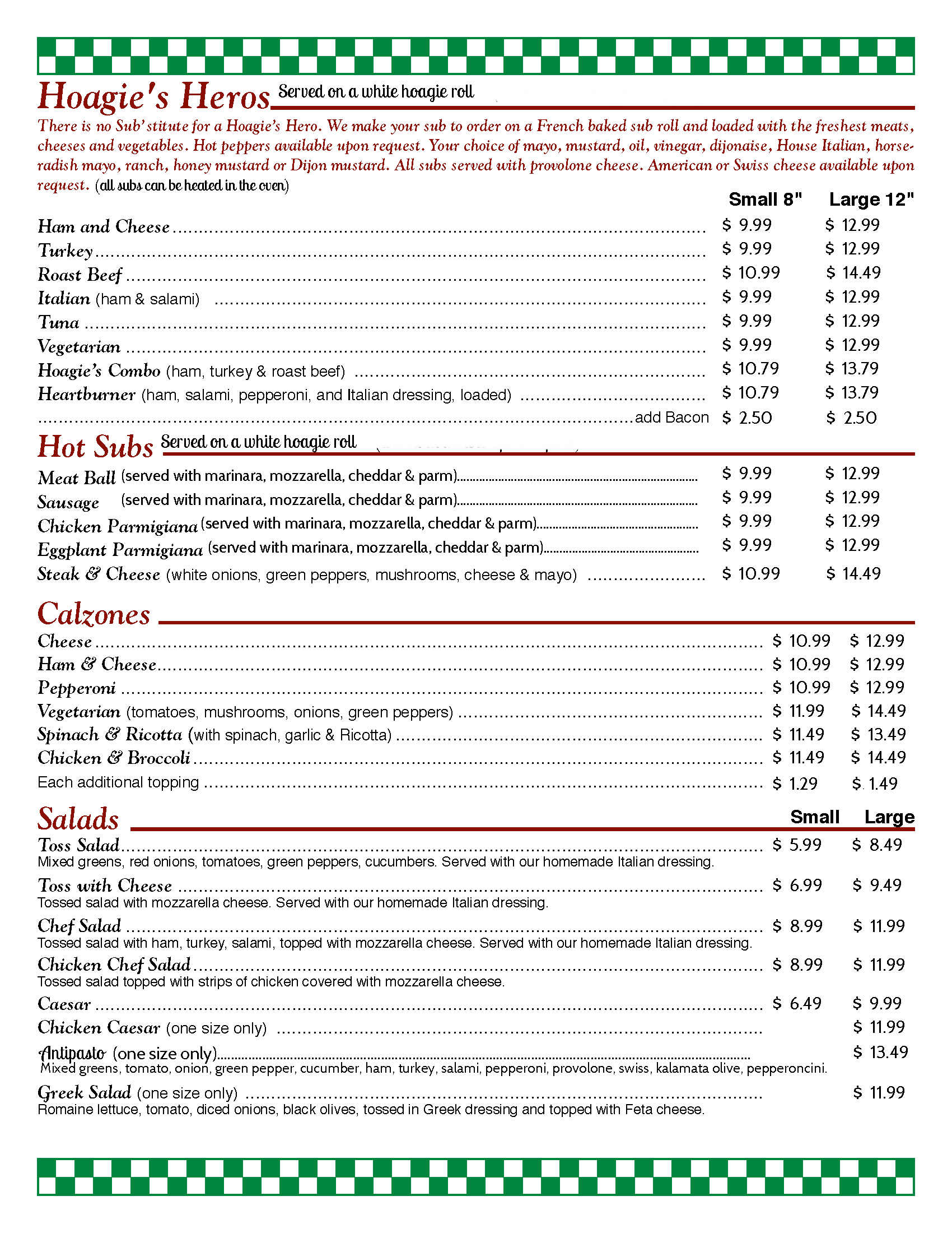 Hoagie's Pizza & Pasta Menu I Essex, VT