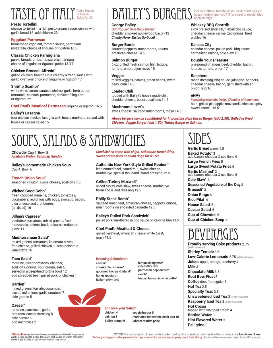 Bailey's Bar & Grille Food Menu | Townsend, MA