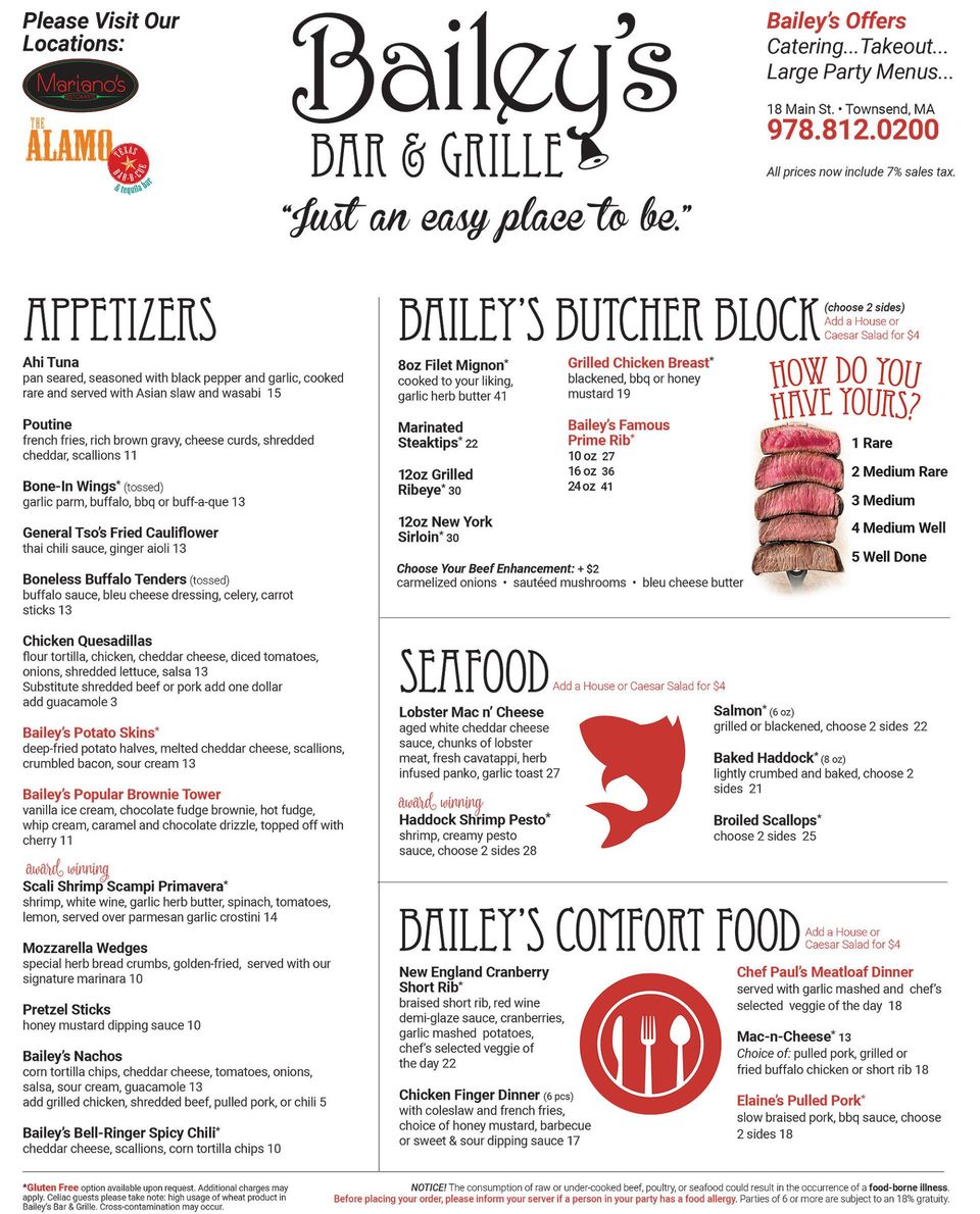 Bailey's Bar & Grille Food Menu | Townsend, MA