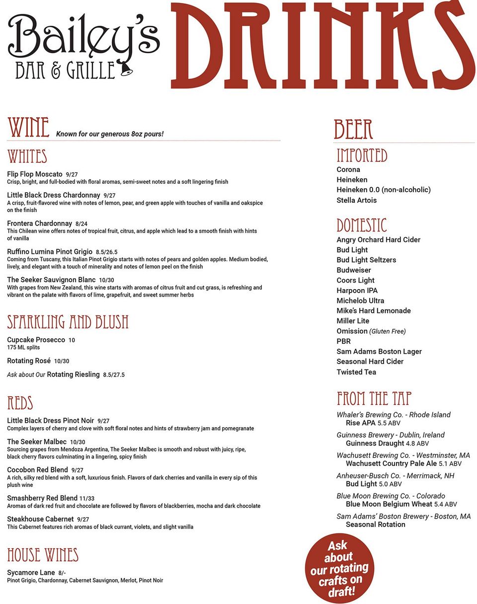 Bailey's Bar & Grille Food Menu | Townsend, MA