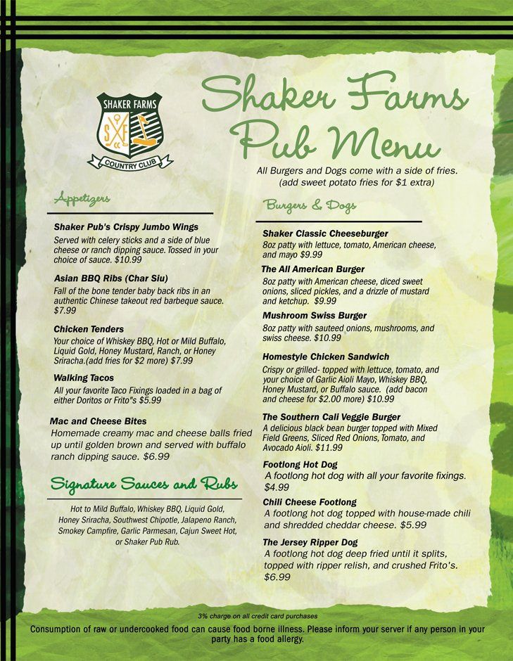 Shaker Farms Country Club Pub Menu | Westfield, MA