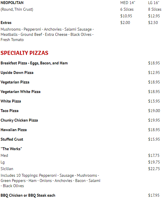 Rocco's Pizza Restaurant Pizza Menu | Kimberton, PA