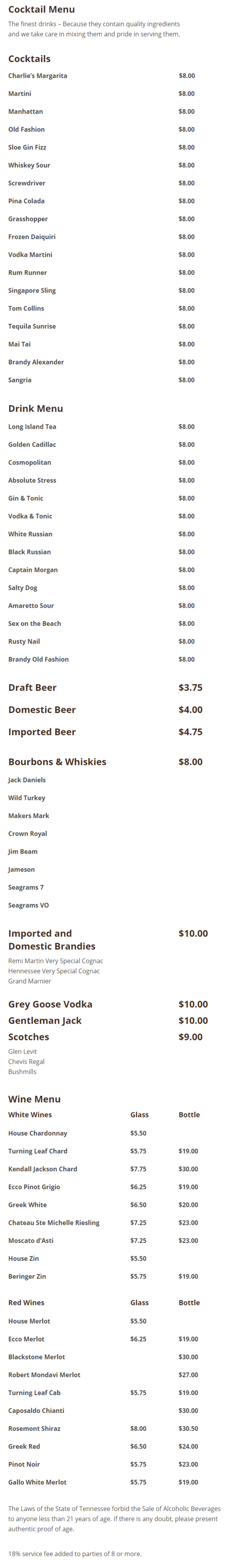 Torino's Greek & Italian Restaurant Cocktail Menu Springfield